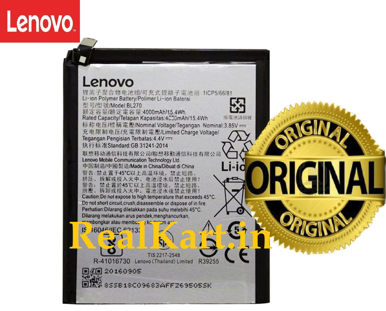 ORIGINAL LENOVO BL270 BATTERY FOR LENOVO K8 NOTE - 4000mAh - Realkart.in